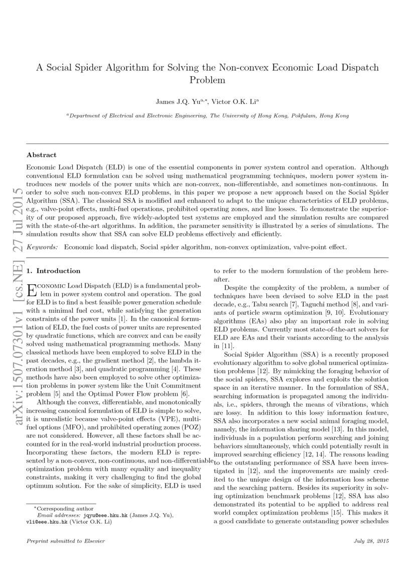 A Social Spider Algorithm For Solving The Non Convex Economic Load Dispatch Problem Deepai