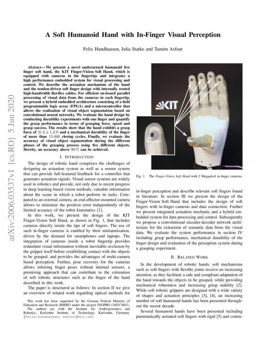 A Soft Humanoid Hand with In-Finger Visual Perception | DeepAI