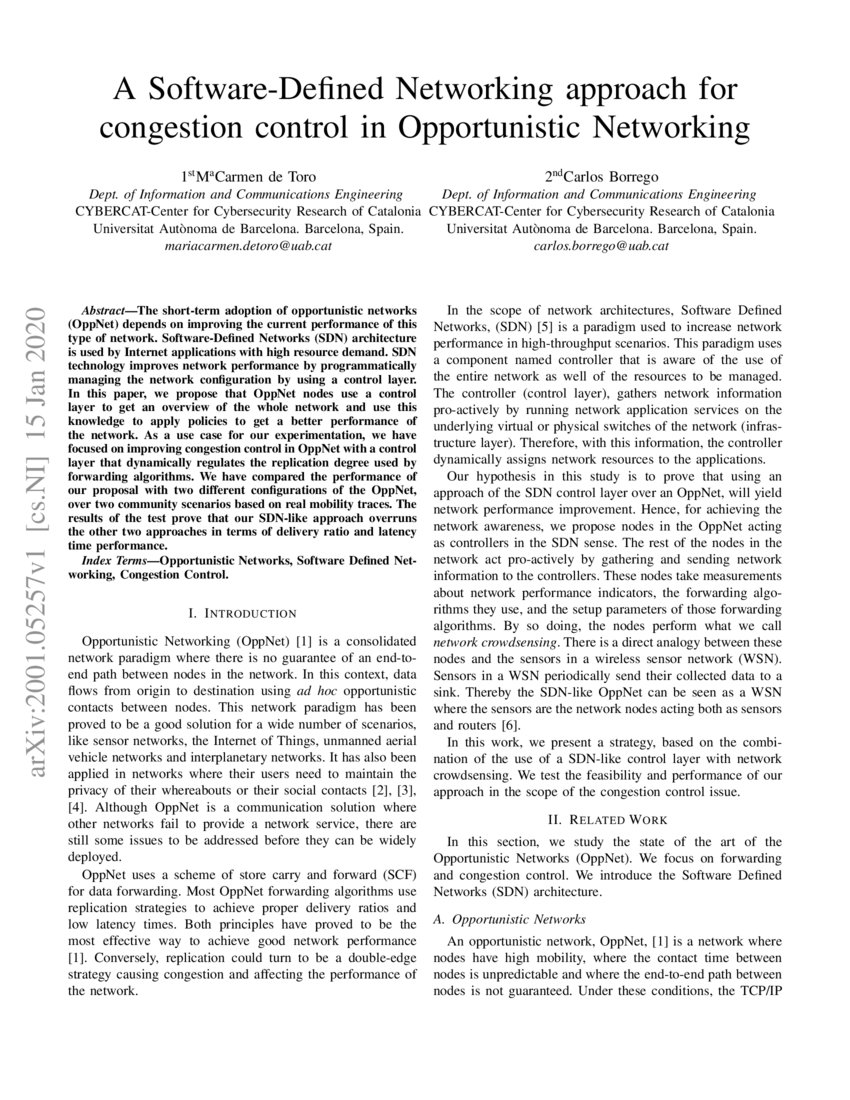 A Software Defined Networking Approach For Congestion Control In Opportunistic Networking Deepai