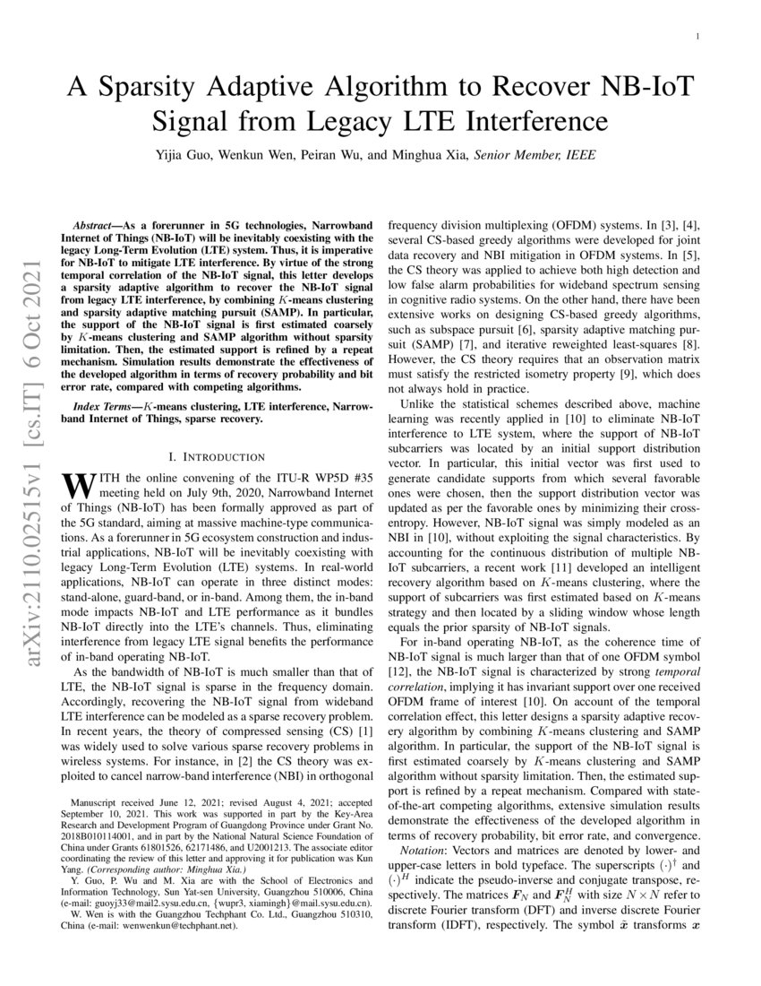 A Sparsity Adaptive Algorithm to Recover NB-IoT Signal from Legacy LTE Interference | DeepAI