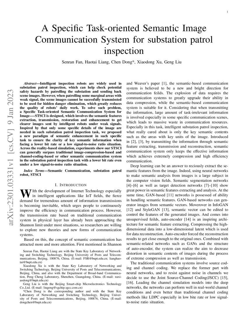 A Specific Task Oriented Semantic Image Communication System For Substation Patrol Inspection