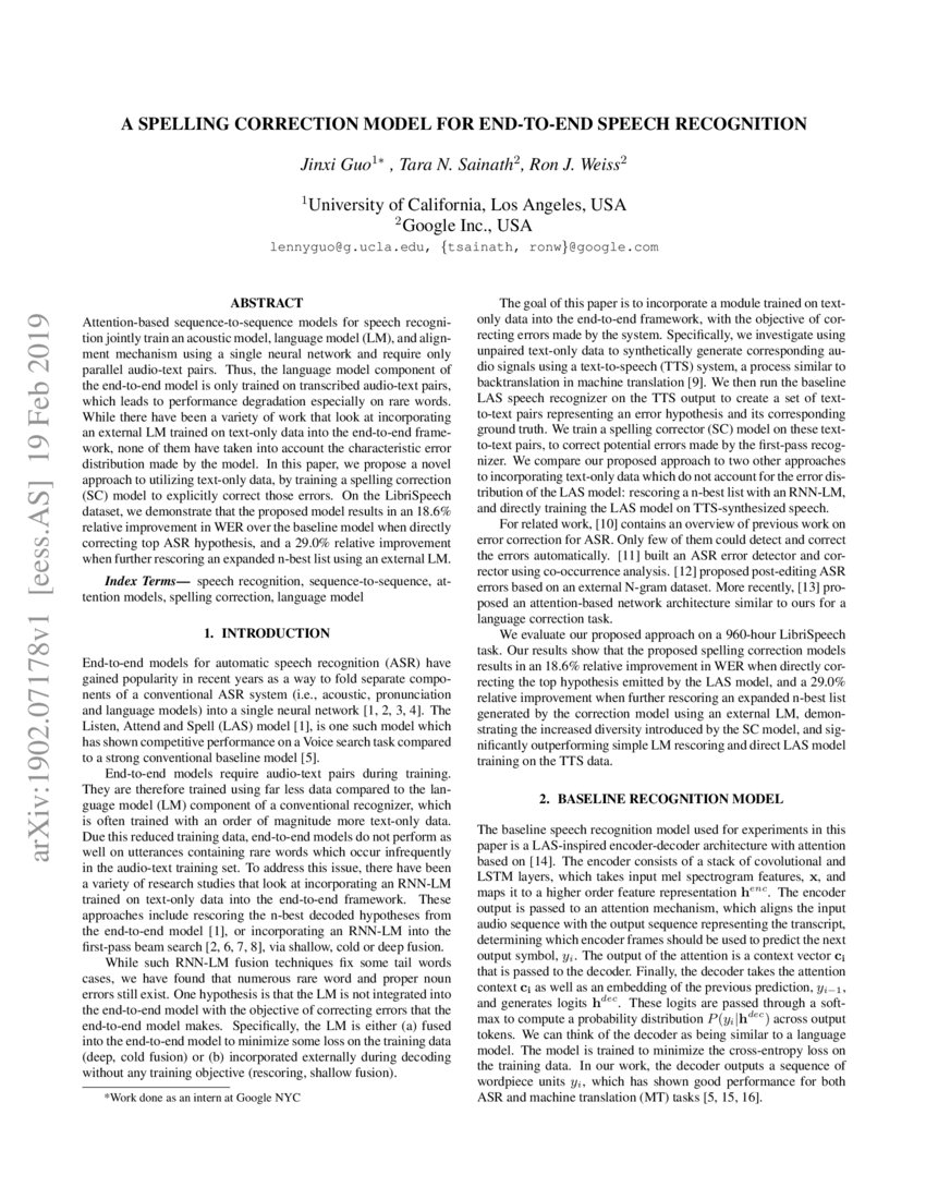 A Spelling Correction Model For End To End Speech Recognition Deepai