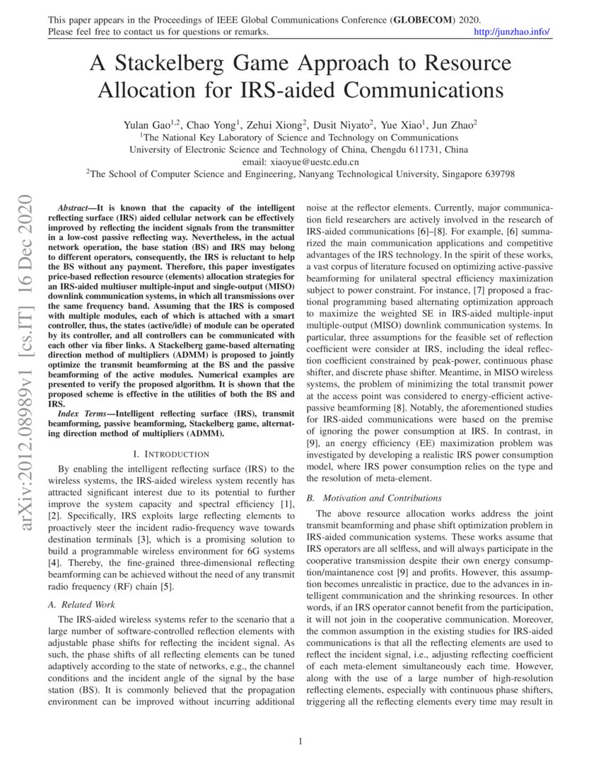 A Stackelberg Game Approach to Resource Allocation for IRS-aided Communications | DeepAI