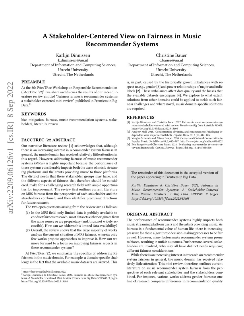 A Stakeholder Centered View On Fairness In Music Recommender Systems Deepai
