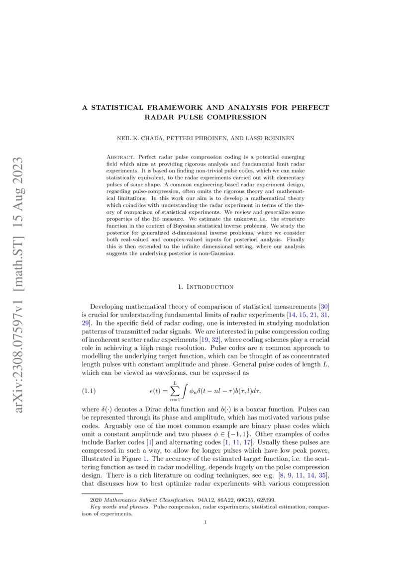 A Statistical Framework And Analysis For Perfect Radar Pulse Compression Deepai