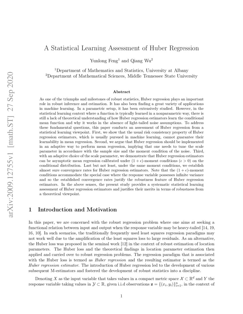 A Statistical Learning Assessment of Huber Regression | DeepAI