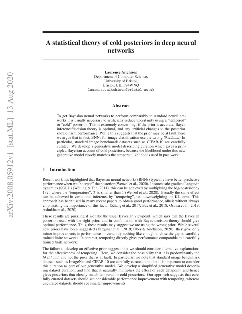 A Statistical Theory Of Cold Posteriors In Deep Neural Networks Deepai
