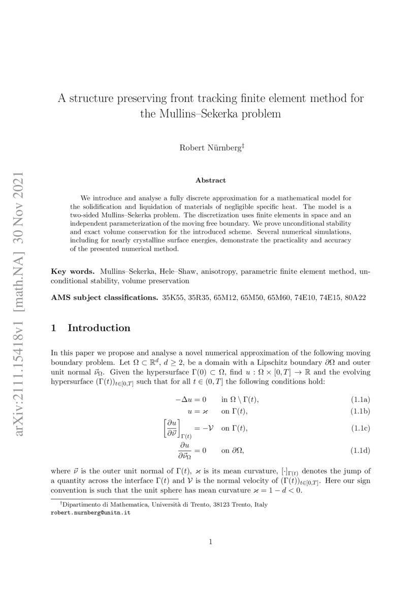 A Structure Preserving Front Tracking Finite Element Method For The Mullins Sekerka Problem Deepai