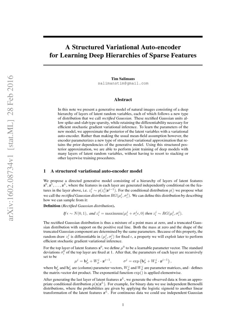 A Structured Variational Auto-encoder for Learning Deep Hierarchies of Sparse Features | DeepAI