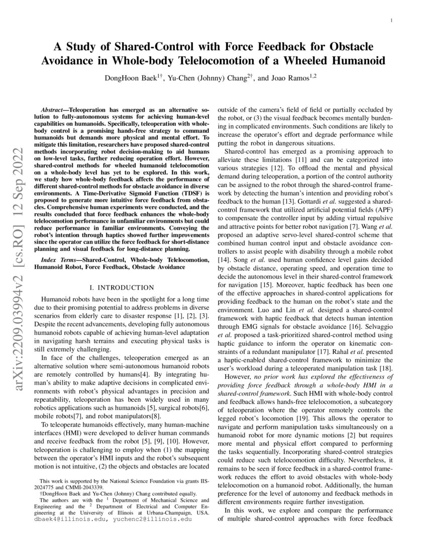 A Study of Shared-Control with Force Feedback for Obstacle Avoidance in Whole-body ...