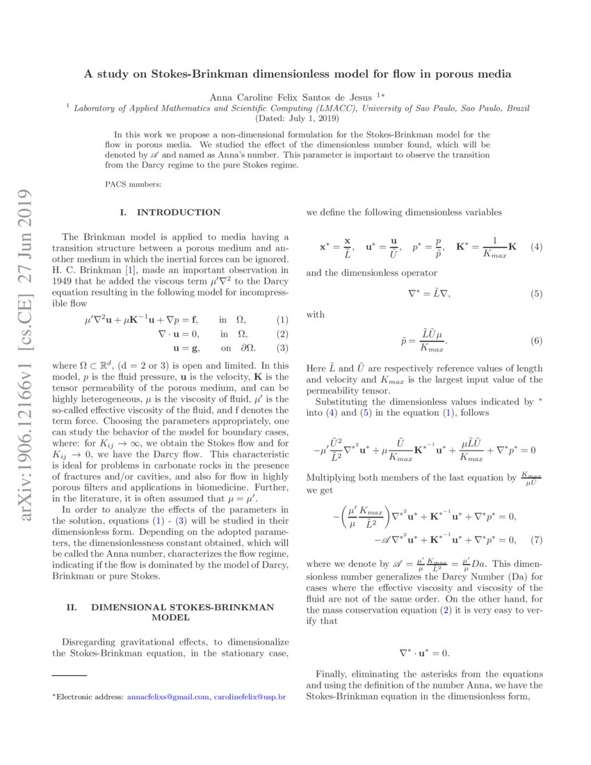 A study on Stokes-Brinkman dimensionless model for flow in porous media ...