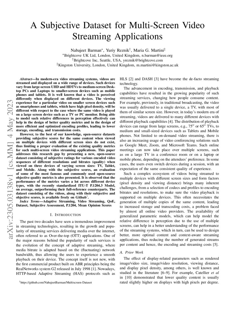A Subjective Dataset For Multi Screen Video Streaming Applications Deepai