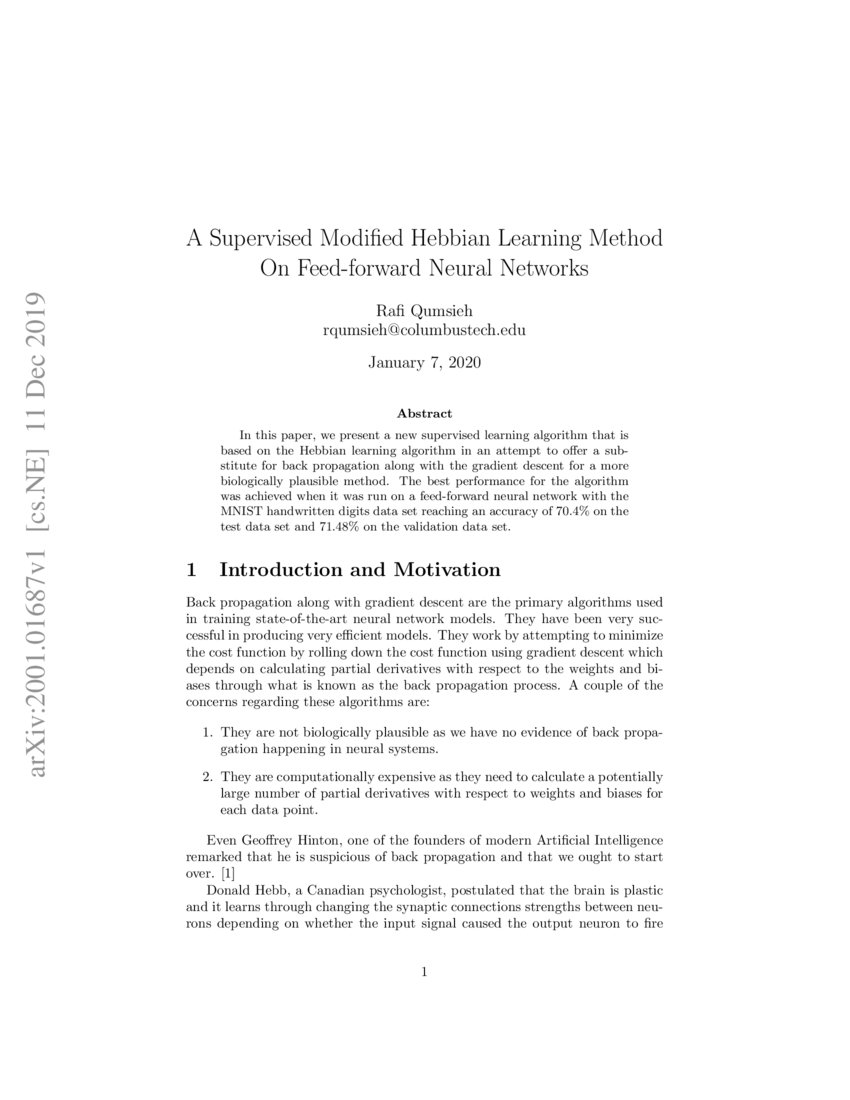 A Supervised Modified Hebbian Learning Method On Feed-forward Neural Networks | DeepAI