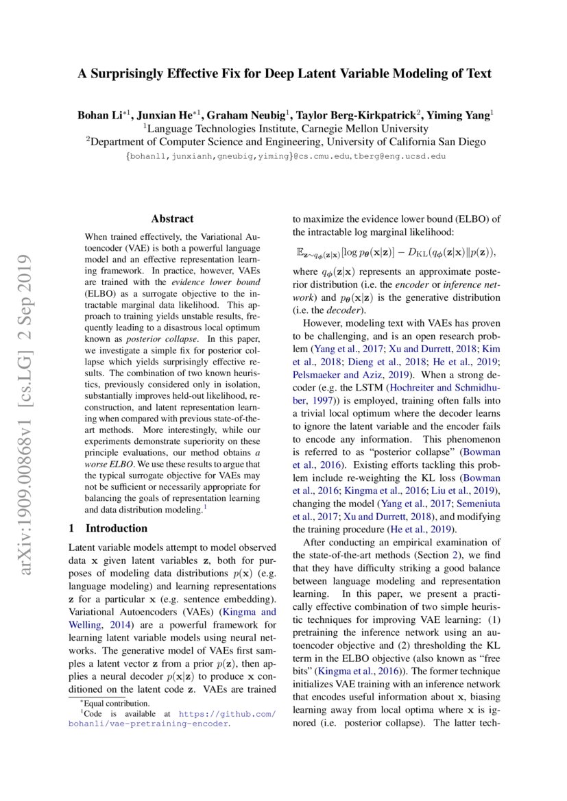 A Surprisingly Effective Fix for Deep Latent Variable Modeling of Text | DeepAI
