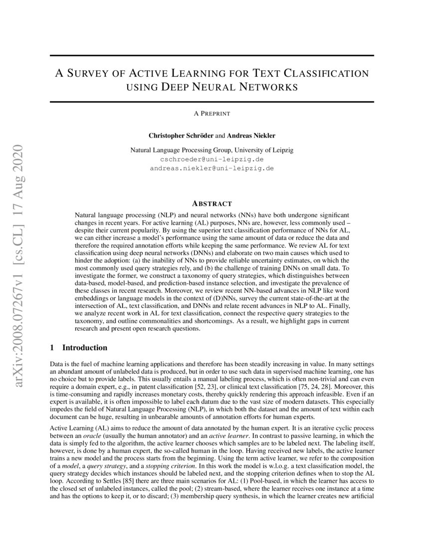 A Survey Of Active Learning For Text Classification Using Deep Neural Networks Deepai