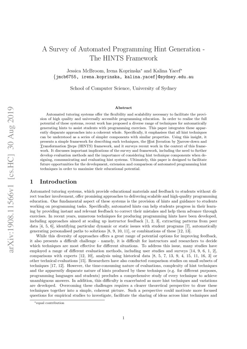 A Survey Of Automated Programming Hint Generation The Hints Framework Deepai 