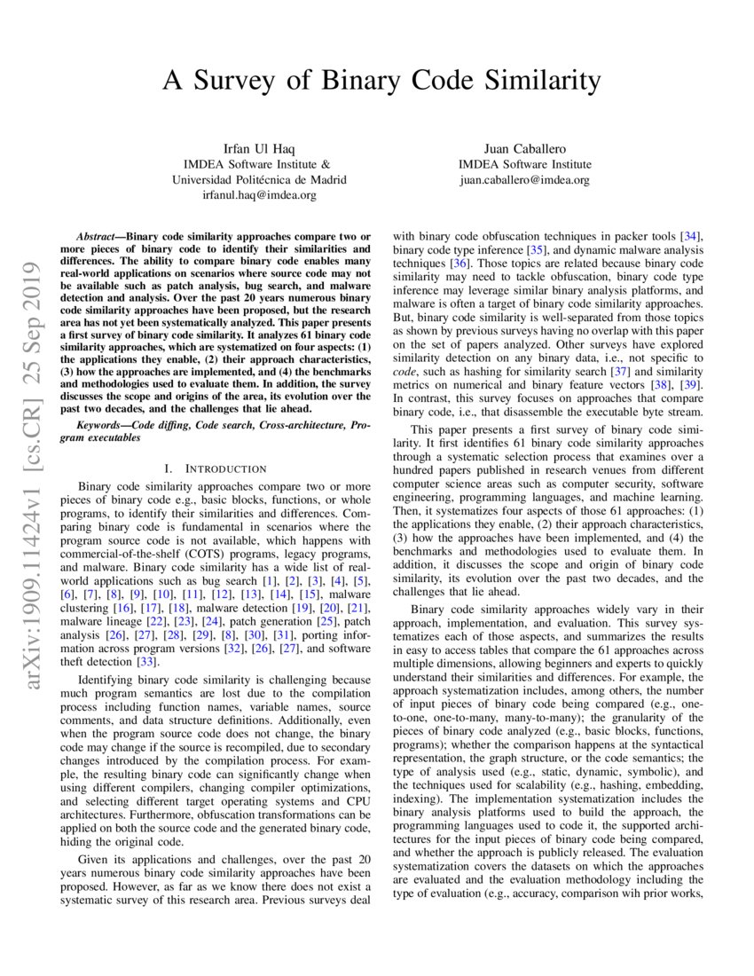 A Survey of Binary Code Similarity | DeepAI