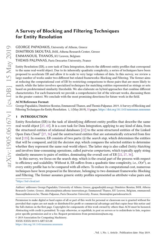 A Survey of Blocking and Filtering Techniques for Entity Resolution | DeepAI