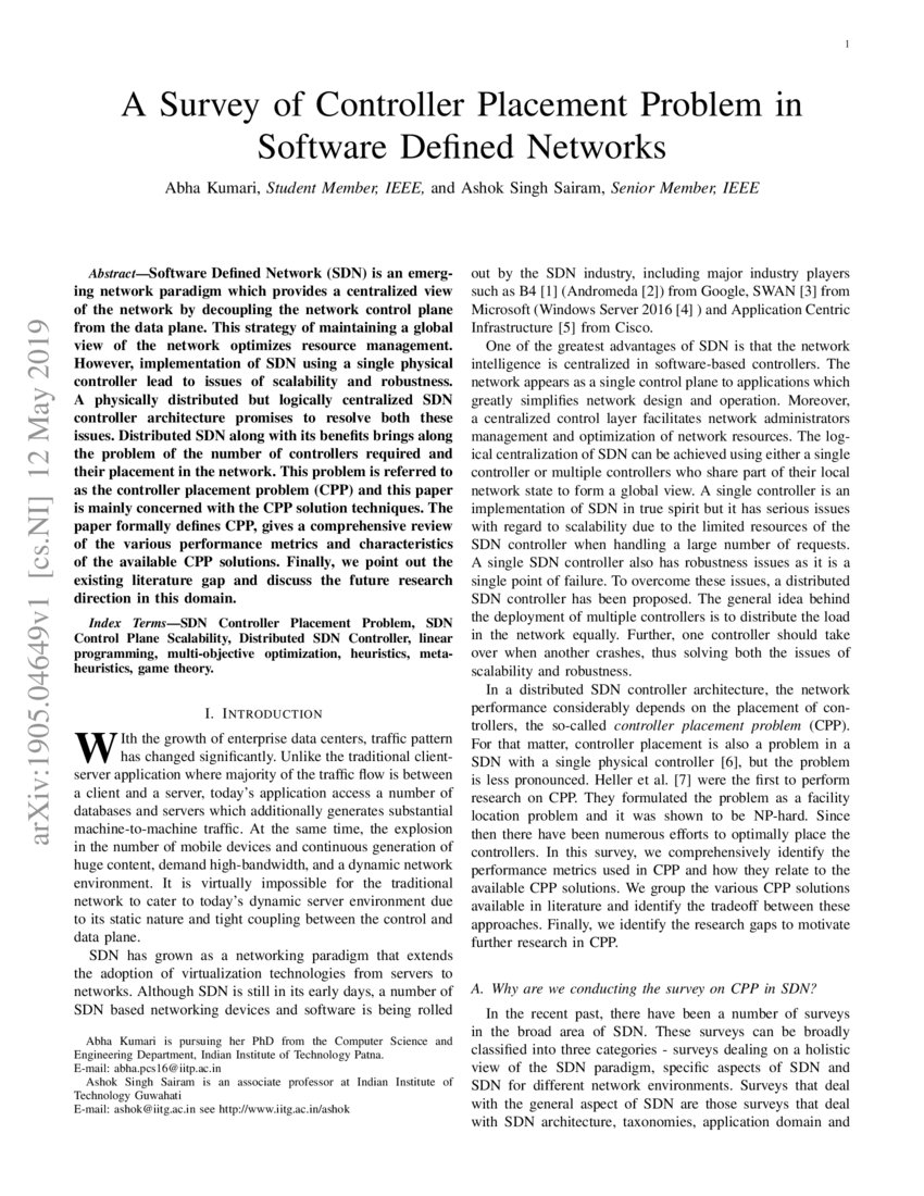 A Survey Of Controller Placement Problem In Software Defined Networks Deepai