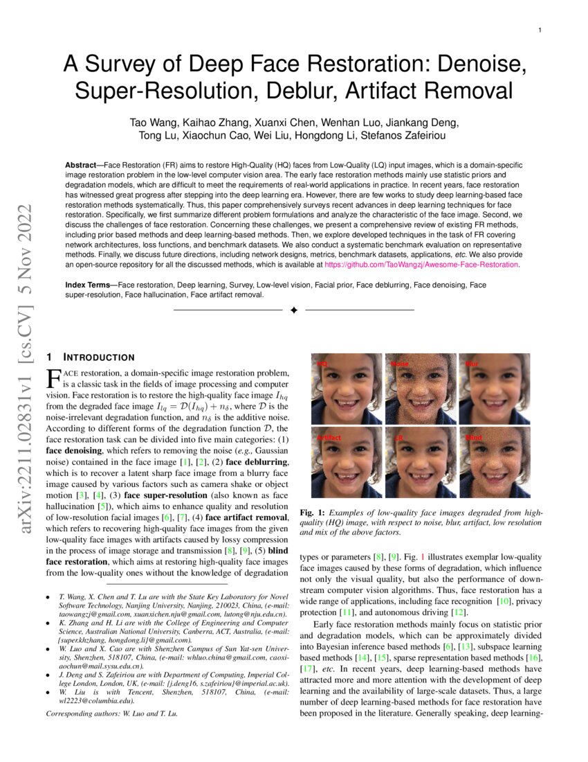 A Survey of Deep Face Restoration: Denoise, Super-Resolution, Deblur ...
