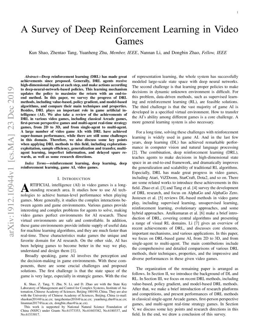 A Survey Of Deep Reinforcement Learning In Video Games Deepai