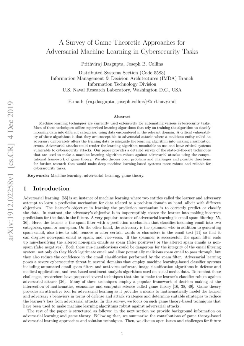 A Survey of Game Theoretic Approaches for Adversarial Machine Learning ...