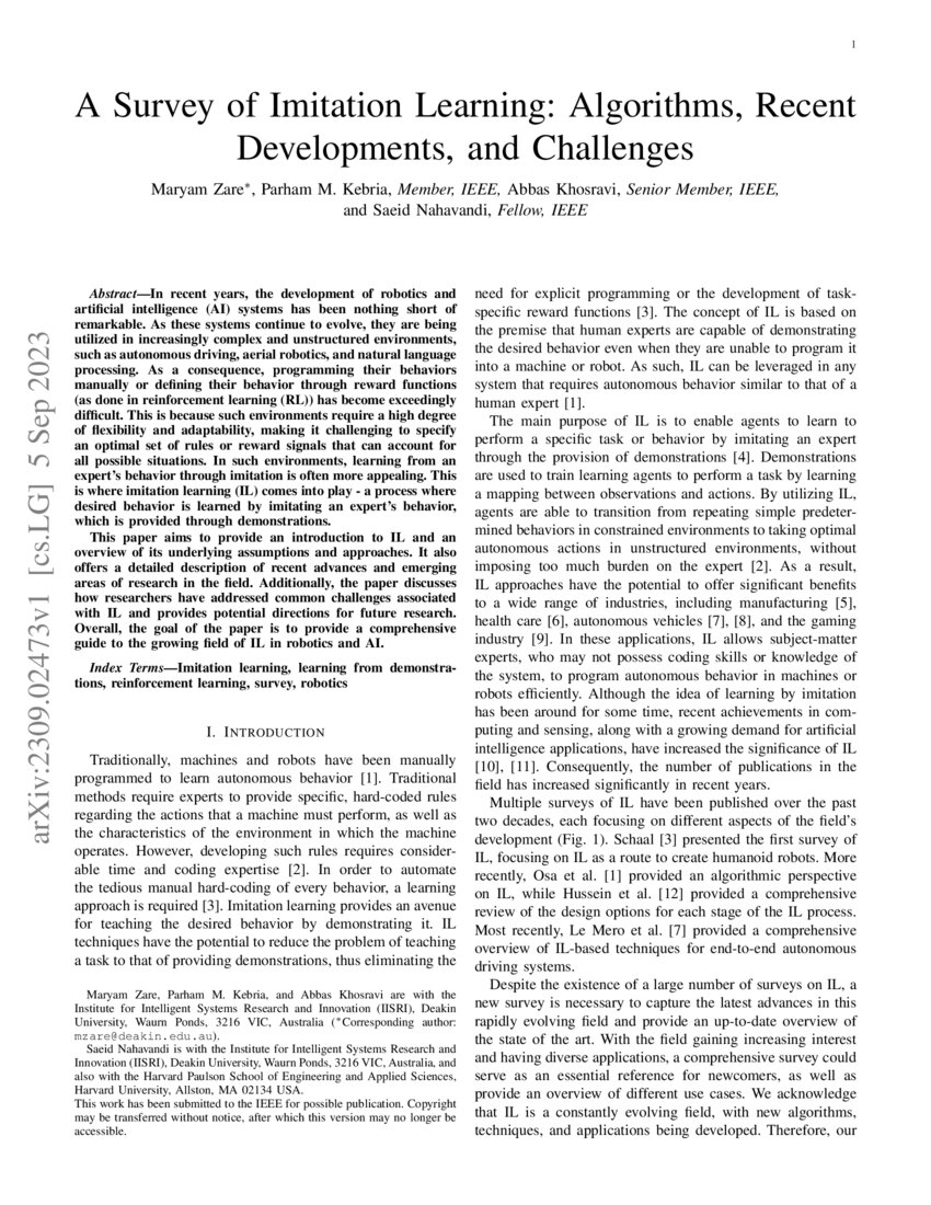 A Survey Of Imitation Learning Algorithms Recent Developments And Challenges Deepai