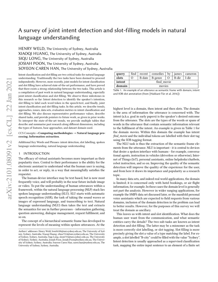 A Survey Of Joint Intent Detection And Slot Filling Models In Natural Language Understanding