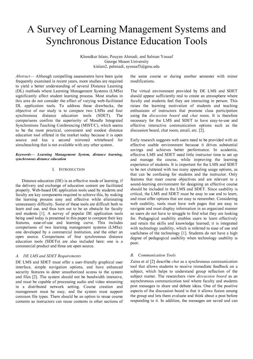 A Survey of Learning Management Systems and Synchronous Distance ...