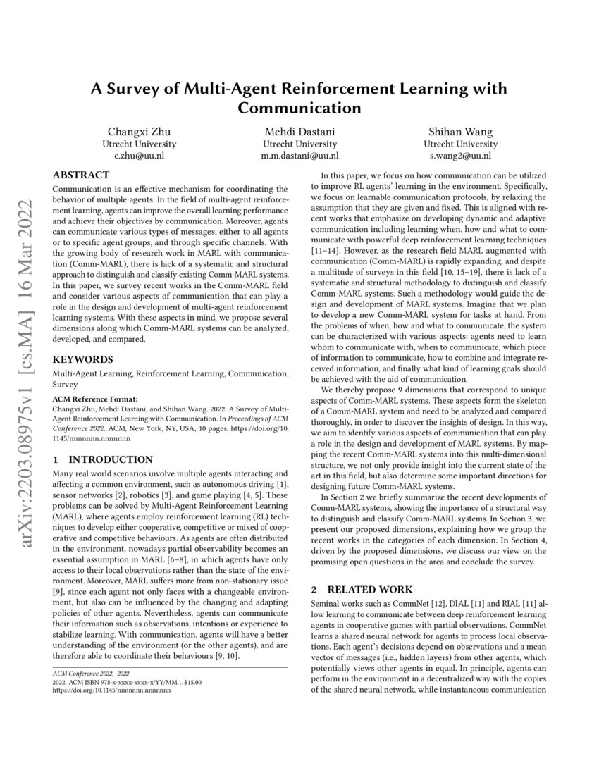 A Survey of Multi-Agent Reinforcement Learning with Communication | DeepAI