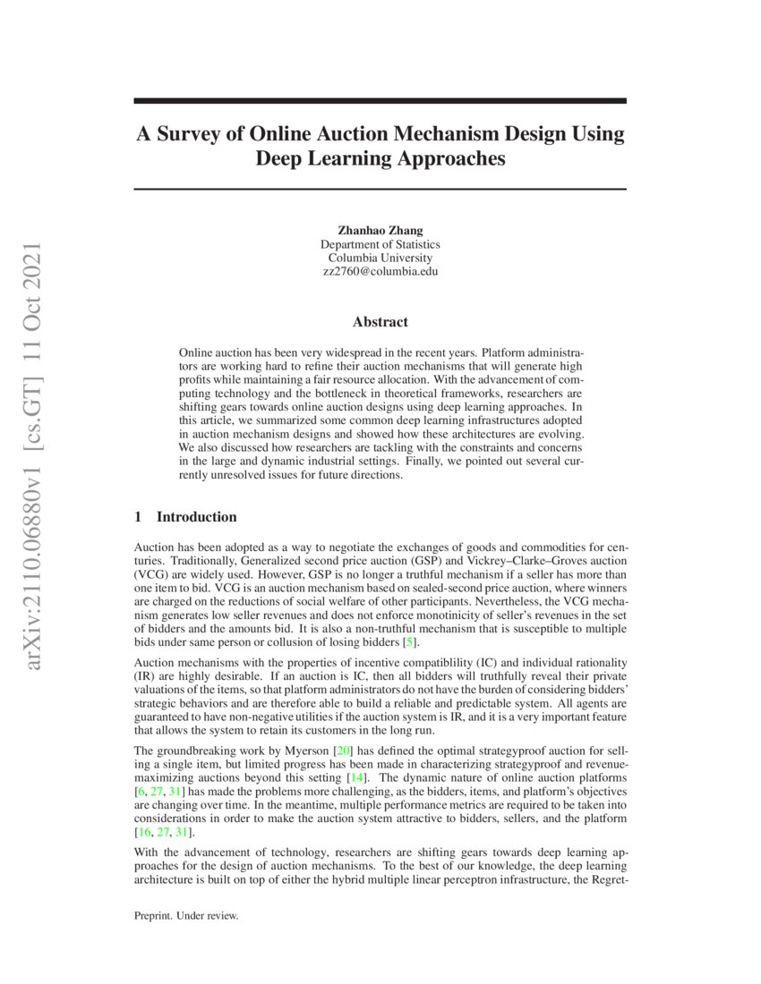 A Survey of Online Auction Mechanism Design Using Deep Learning ...