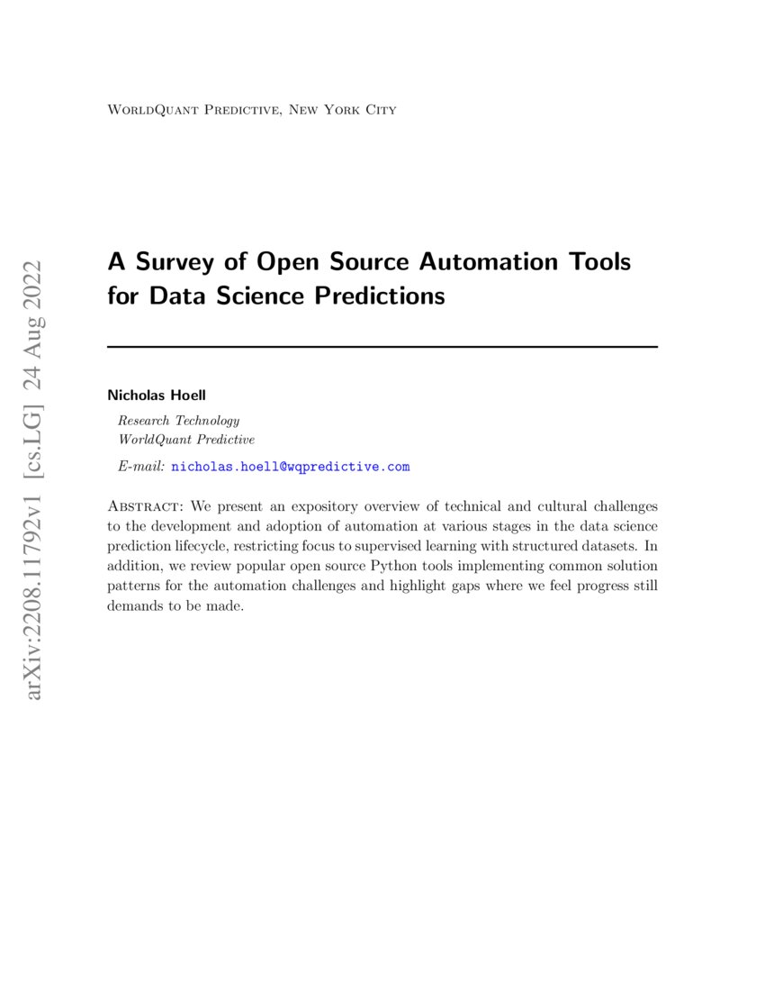 A Survey Of Open Source Automation Tools For Data Science Predictions Deepai 