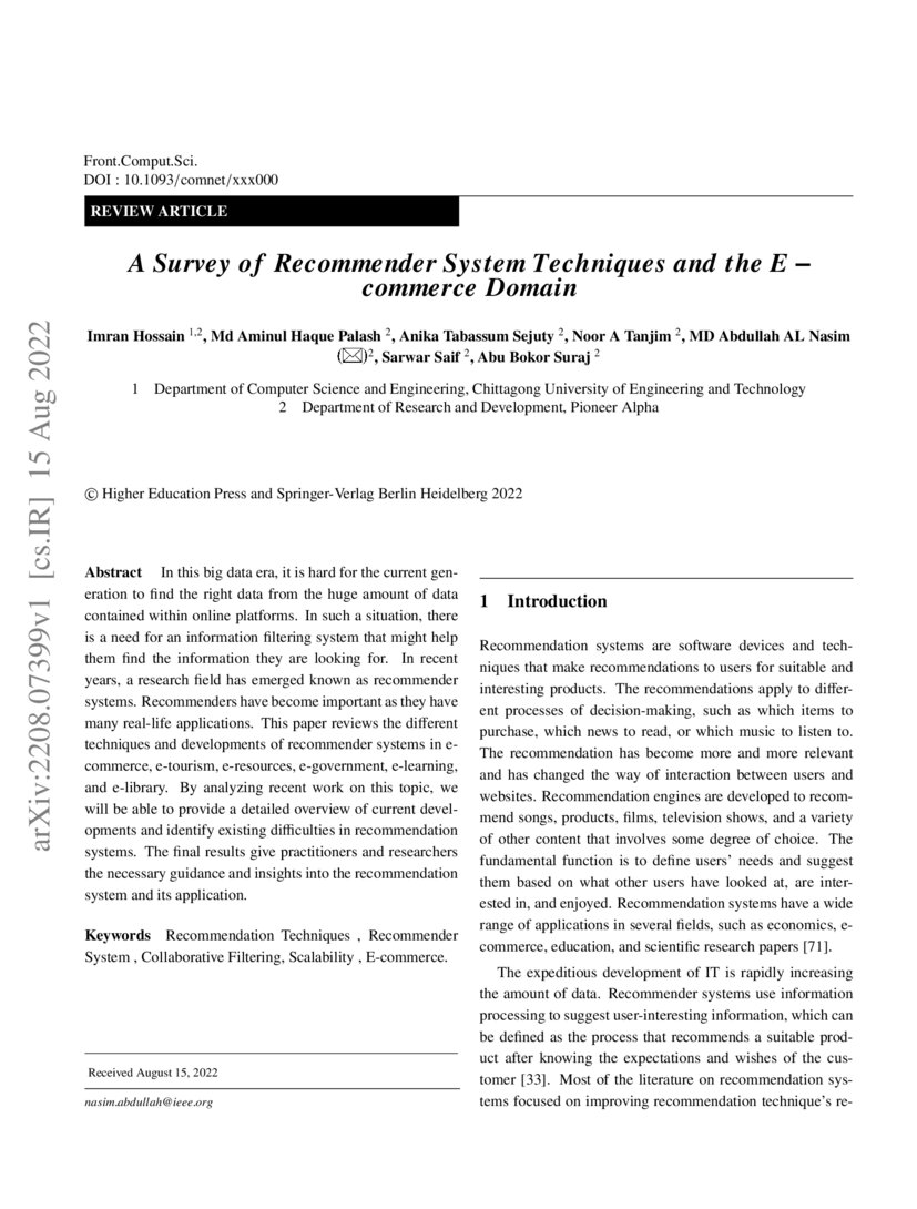 A Survey of Recommender System Techniques and the Ecommerce Domain | DeepAI