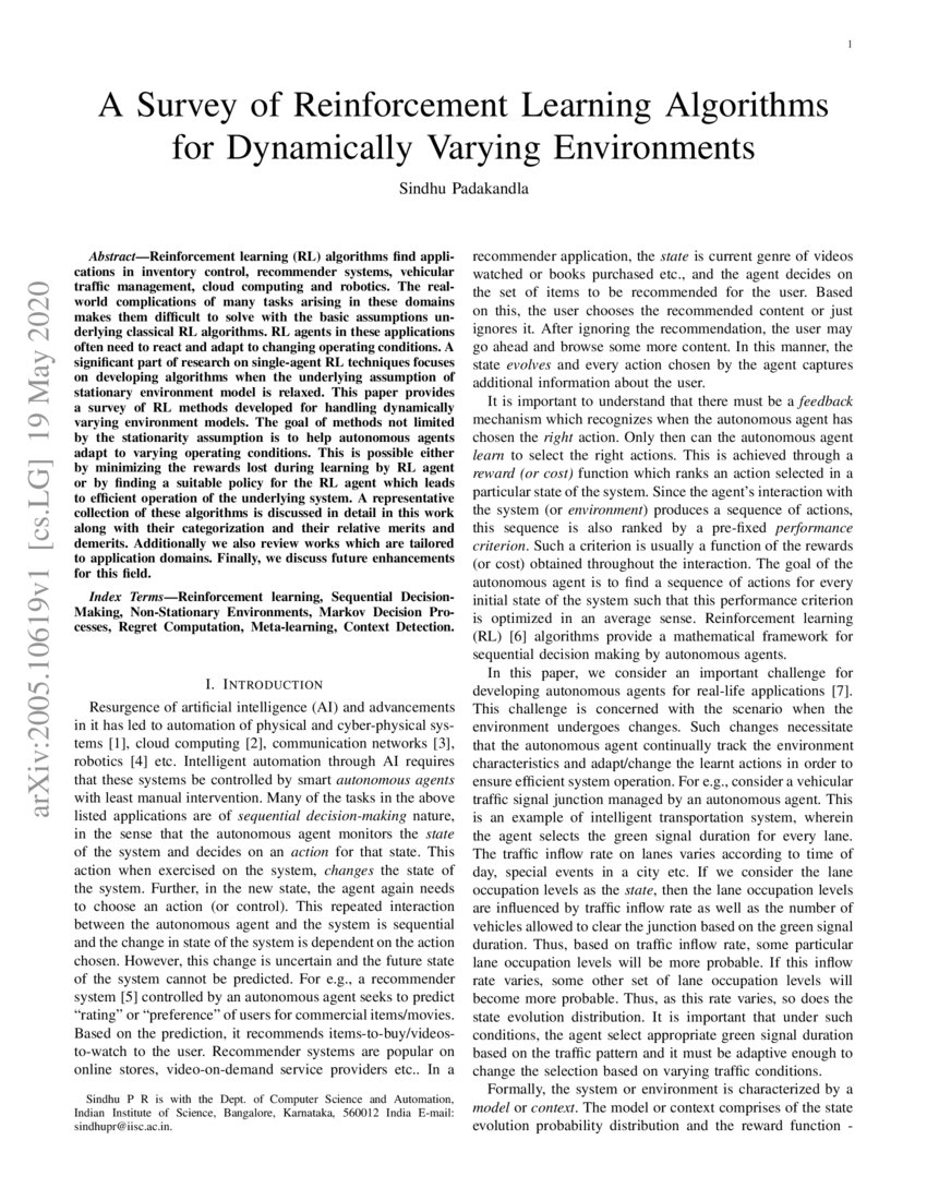 A Survey of Reinforcement Learning Algorithms for Dynamically Varying ...