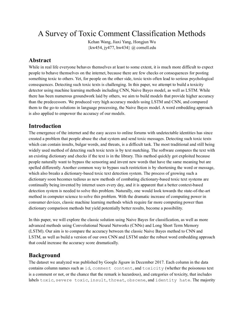 A Survey of Toxic Comment Classification Methods | DeepAI
