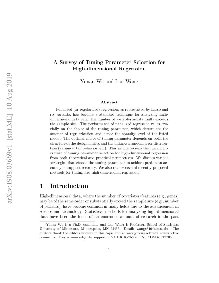 A Survey Of Tuning Parameter Selection For High Dimensional Regression Deepai