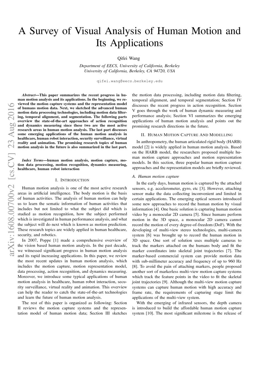 A Survey of Visual Analysis of Human Motion and Its Applications | DeepAI
