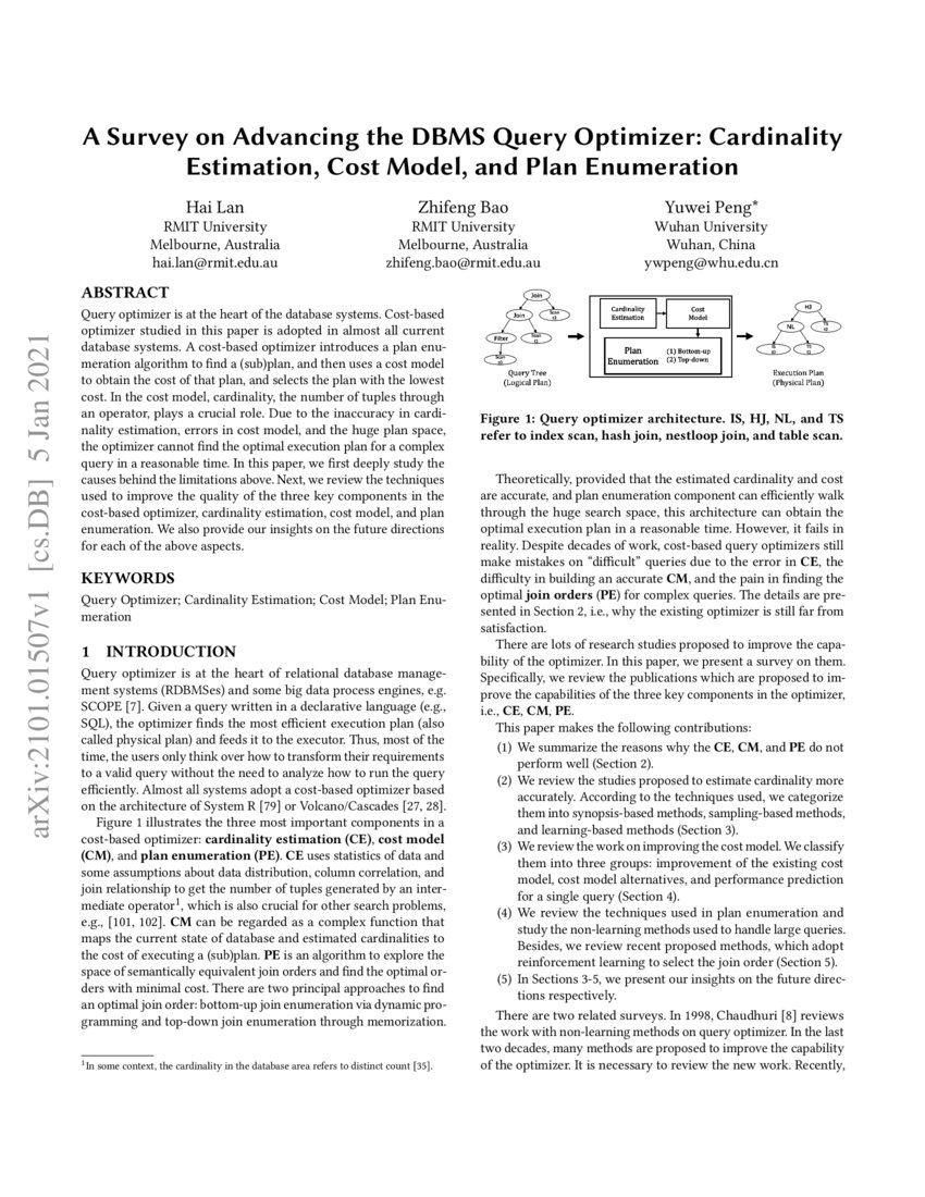 A Survey On Advancing The Dbms Query Optimizer Cardinality Estimation Cost Model And Plan 