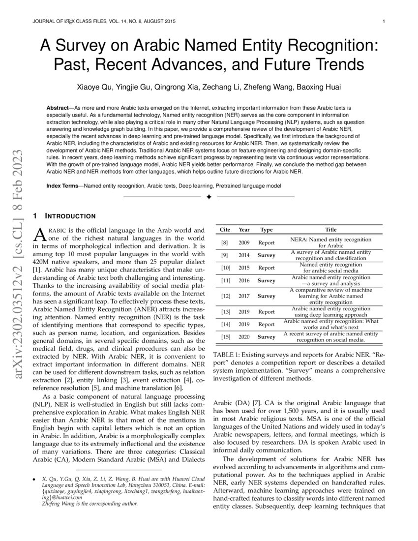 A Survey On Arabic Named Entity Recognition Past Recent Advances And Future Trends Deepai