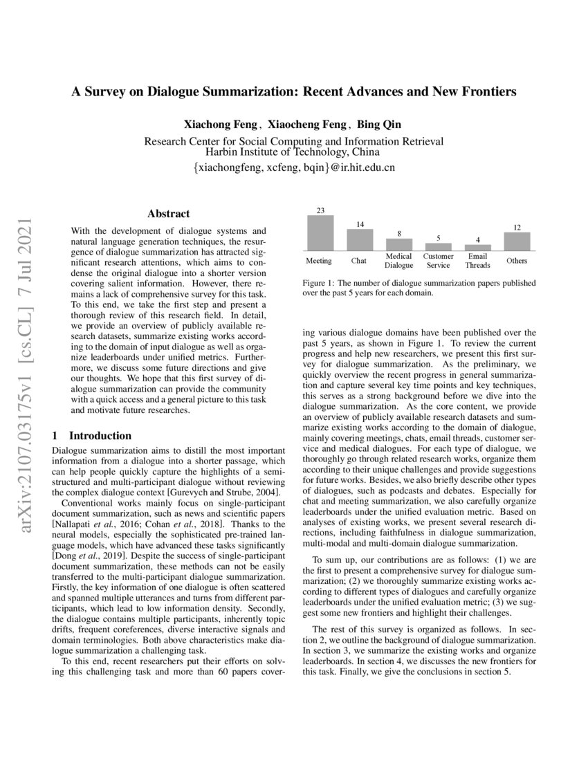 A Survey On Dialogue Summarization Recent Advances And New Frontiers