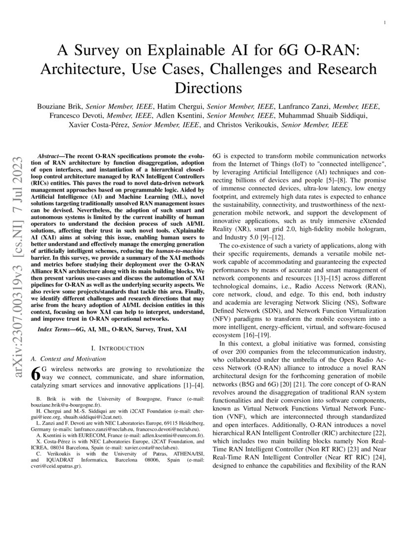 A Survey on Explainable AI for 6G O-RAN: Architecture, Use Cases, Challenges and Research ...