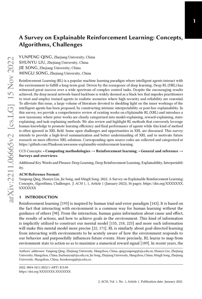 A Survey on Explainable Reinforcement Learning: Concepts, Algorithms ... A Survey on Explainable Reinforcement Learning: Concepts, Algorithms ...