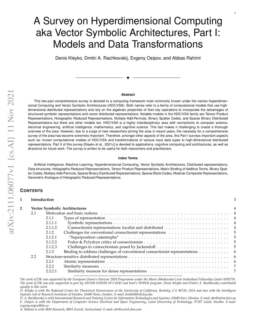 A Survey On Hyperdimensional Computing Aka Vector Symbolic Architectures Part I Models And 