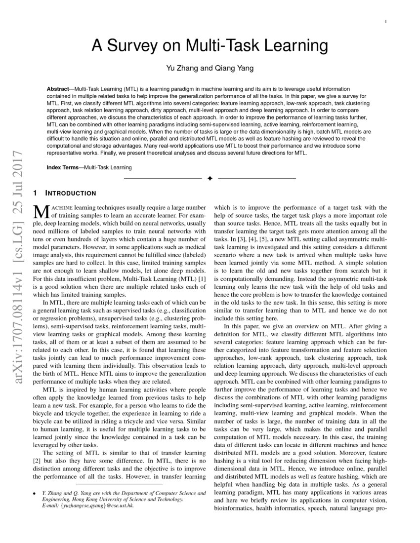 A Survey On Multi Task Learning Deepai