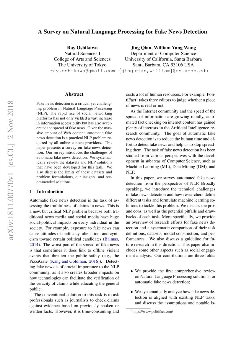 A Survey on Natural Language Processing for Fake News Detection | DeepAI