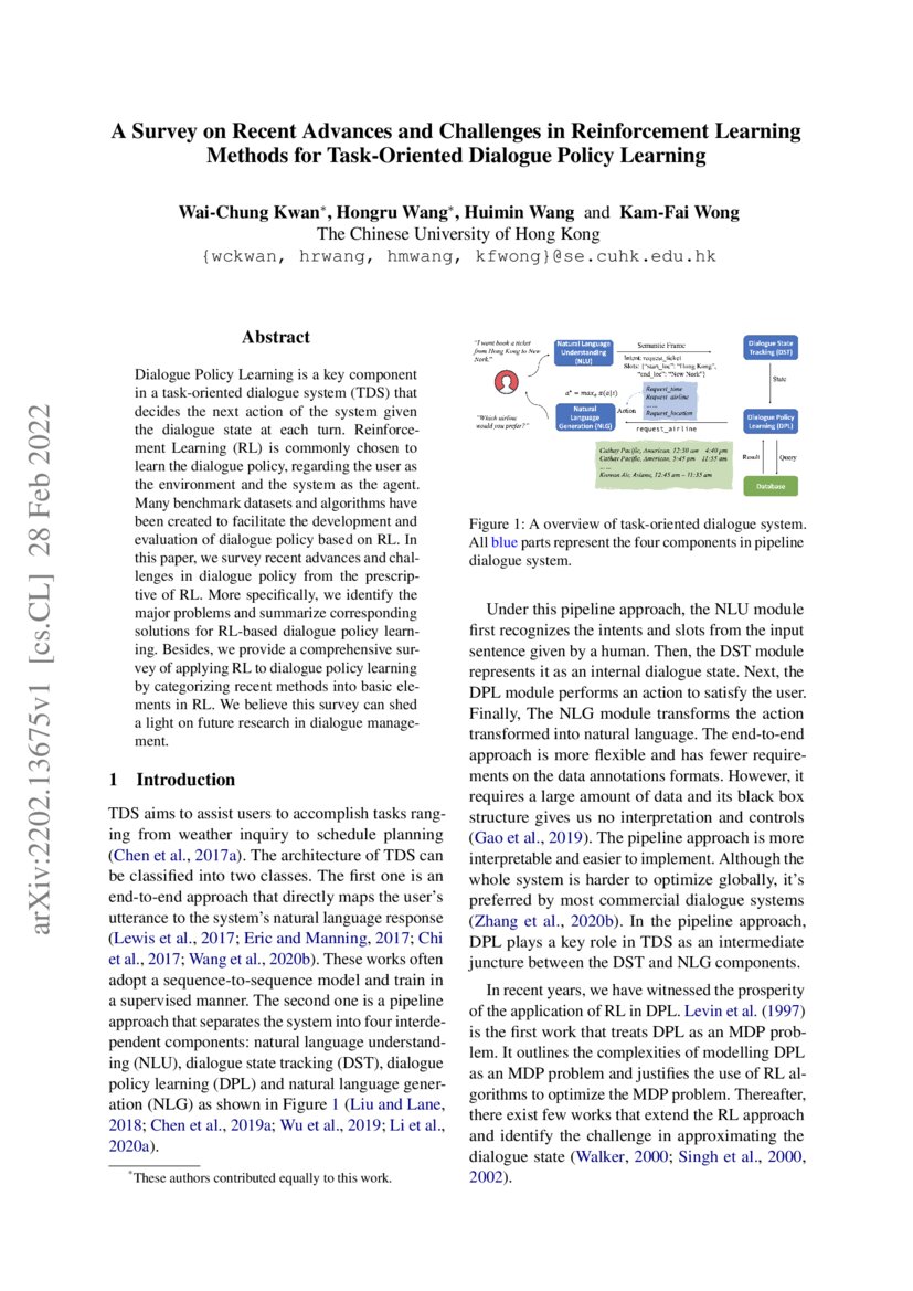 A Survey on Recent Advances and Challenges in Reinforcement LearningMethods for Task-Oriented ...