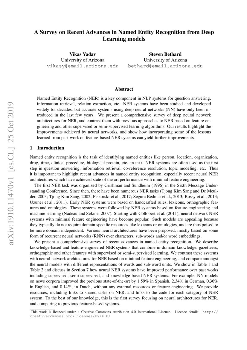 A Survey On Recent Advances In Named Entity Recognition From Deep Learning Models Deepai