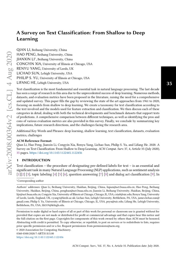 A Survey on Text Classification: From Shallow to Deep Learning | DeepAI