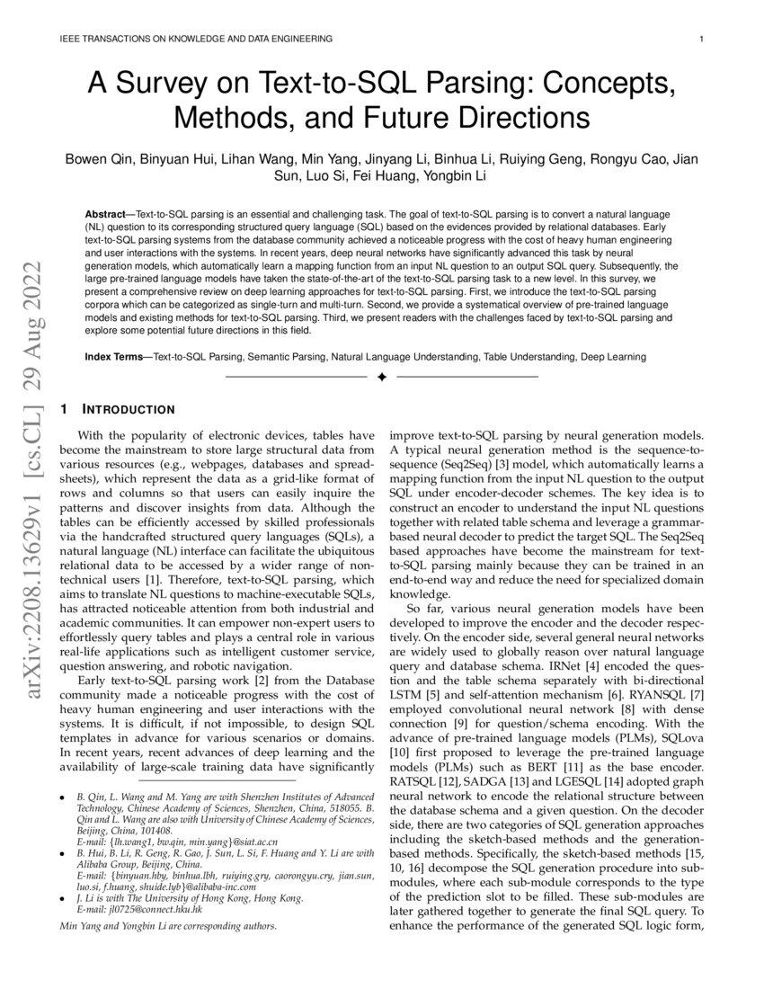 A Survey On Text To Sql Parsing Concepts Methods And Future Directions Deepai