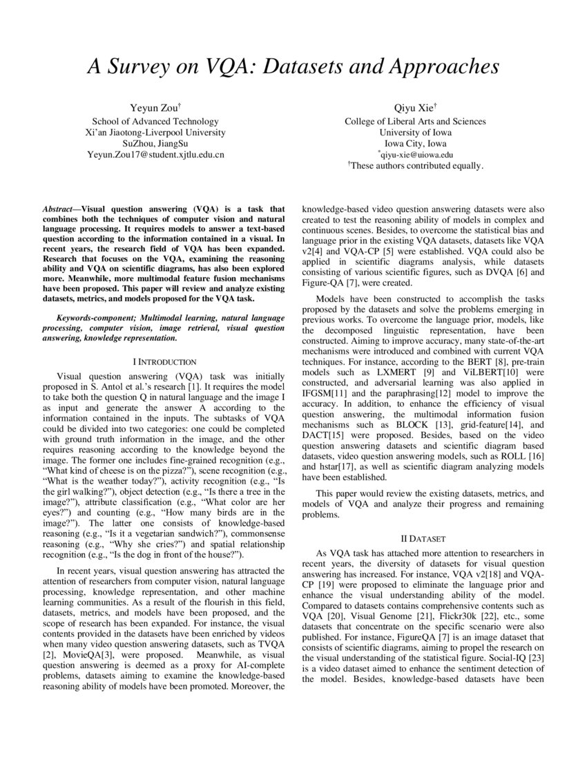 A survey on VQA_Datasets and Approaches | DeepAI